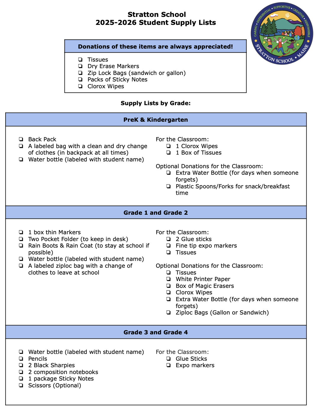 2025-2026 School Year Student Supply List – Stratton School