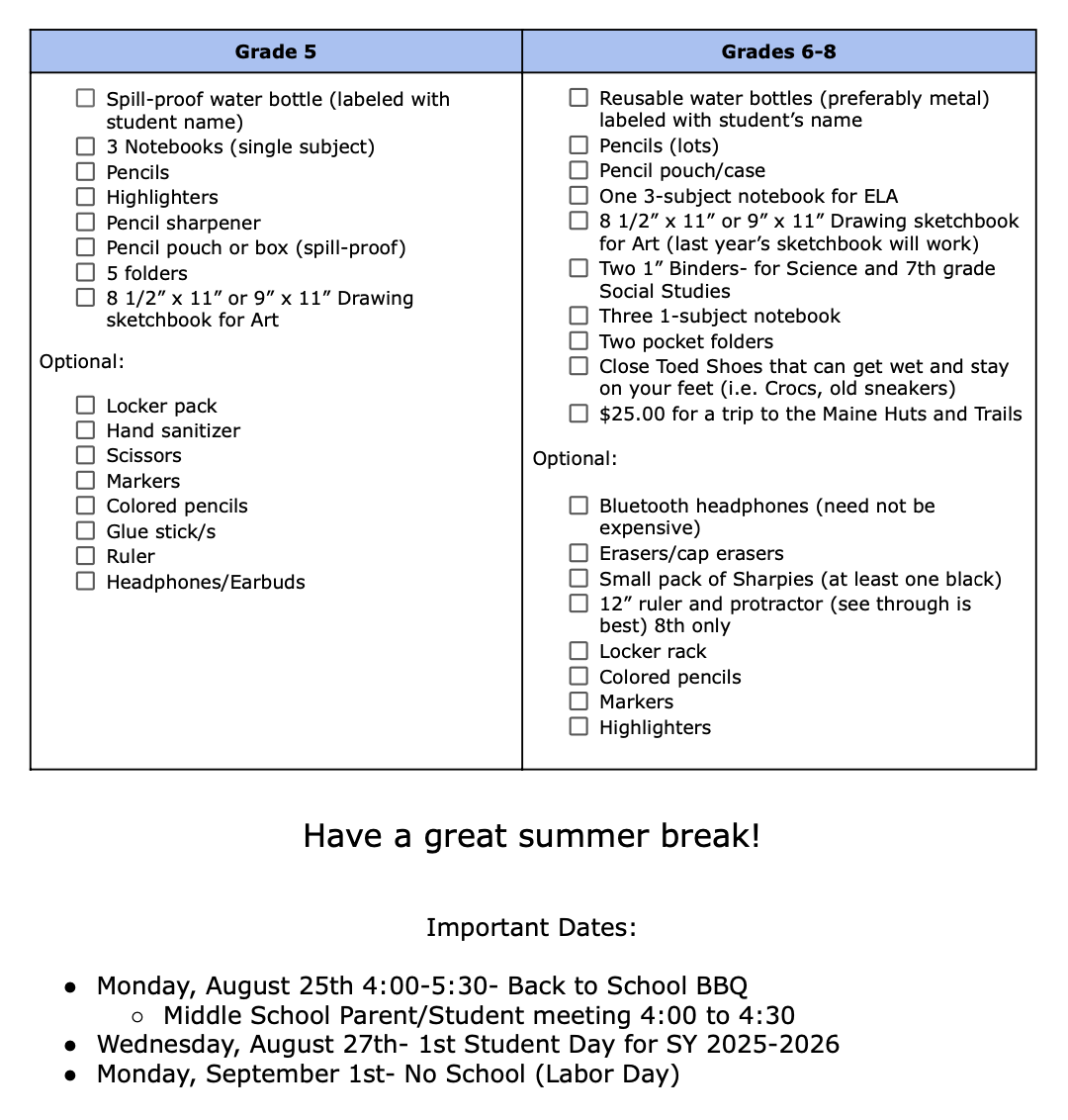2025-2026 School Year Student Supply List – Stratton School